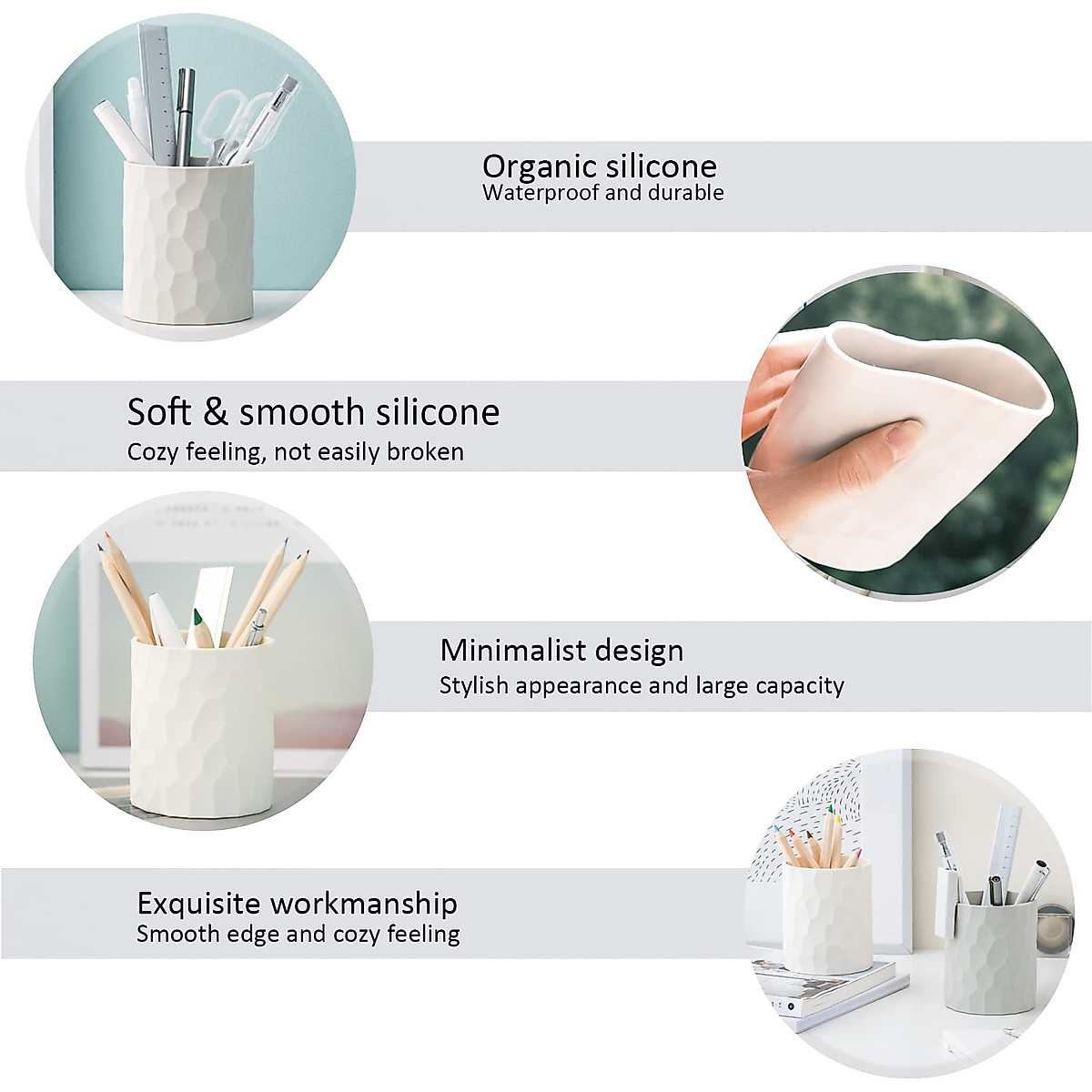 minimaliving Pen Holder,Nordic Style Silicone Waterproof Pencil Holder for Desk Simple&Modern Minimalist Makeup Organizer Multifunctional Office Supplies for Home,Kids and School(Beige)