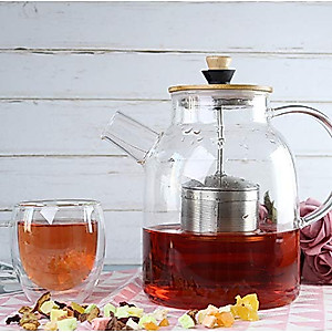 IDEALUX Glass Tea Kettle 64OZ, Large Tea Maker with SUS304 Tea Infuser & Bamboo Lid, Stovetop Safe Tea Pot for Loose Leaf Tea, Teabags Herbal Tea Cold Coffee Tea Brewer for Loose Tea