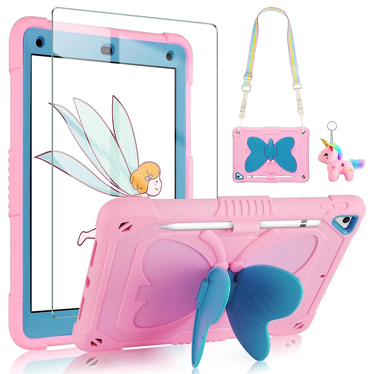 VOFUOE for iPad 6th/5th Generation Case with Screen Protector for iPad 9.7 Case 2018 2017 Butterfly Stand Strap Dolls Pencil Holder Kids Girls Hard Cover for iPad Pro for iPad Air 2th 9.7''-Pink Blue