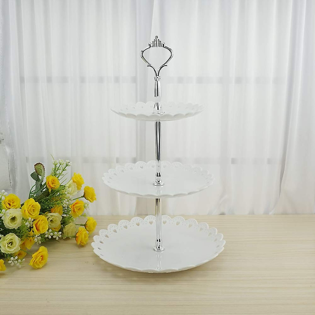 3-Tier White Silver Plastic Dessert Stand Pastry Stand Cake Stand Cupcake Stand Holder Serving Platter for Party Wedding Home Decor-Small-Set of 2