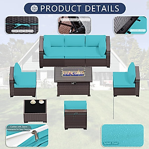 ASJMR Outdoor Patio Furniture Set with Gas Fire Pit Table, 8 Pieces Outdoor Furniture Set Patio Sectional Sofa w/43in Propane Fire Pit, PE Wicker Rattan Patio Conversation Sets - Teal.