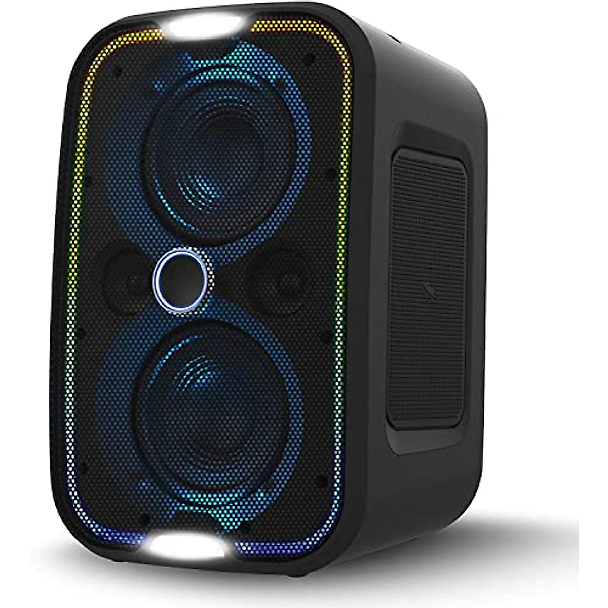 Brookstone Big Blue Go 60 Watt Wireless Indoor Outdoor Portable Speaker, Built in Qi Charging Pad, LED Light Show, Bluetooth 5.0, IPX5 Water Resistant, Tap to Link Multiple Speakers, Karaoke Mic Input