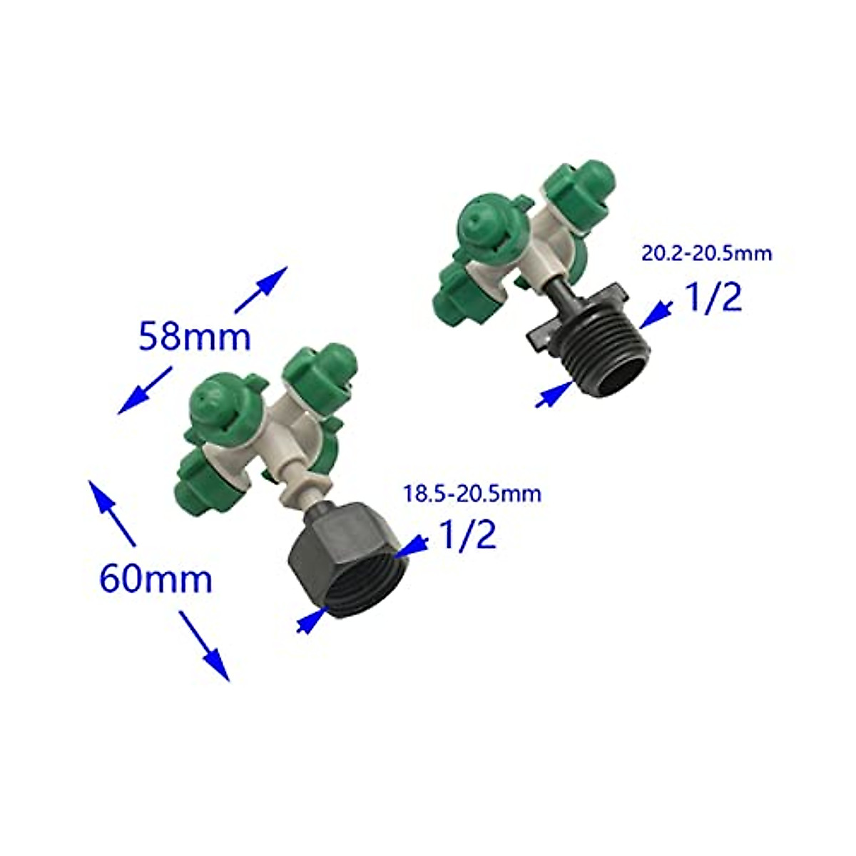 VIEUE Garden Drip Irrigation System Accessories 1/2 Female Greenhouse Atomization Nozzle Spray Atomization Nozzle Cross Mist Nozzle Drip Irrigation 2 Sets (Color : 1I2 Male)