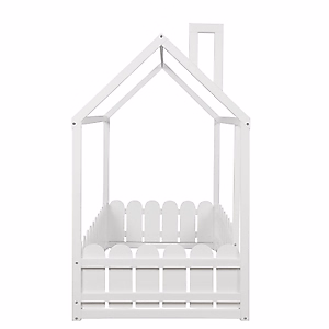 AOCOROE Twin Size House Bed for Boys and Girl Wood Twin Platform Bed Frame Playhouse Design Canopy Bed Tent Bed with Roof and Fence, Floor Height,White
