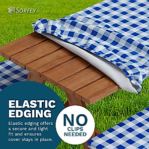 Sorfey Vinyl Umbrella Picnic Table and Bench Fitted Tablecloth Cover, Checkered Design, Flannel Backed Lining, 30x72 Inch, 3-Piece Set, Blue