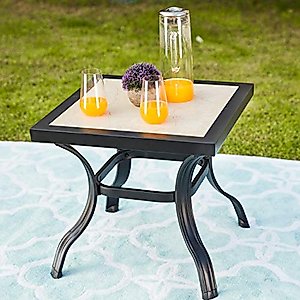LOKATSE HOME 21" Outdoor Square Patio Dining Table Metal Steel Legs with Ceramics Top, Black