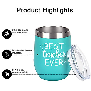 Qtencas Teacher Appreciation Gifts, Best Teacher Ever Wine Tumbler with Lid, Thank You Gifts for Teacher Women on Birthday Christmas, 12 Oz Stainless Steel Wine Tumbler, Mint