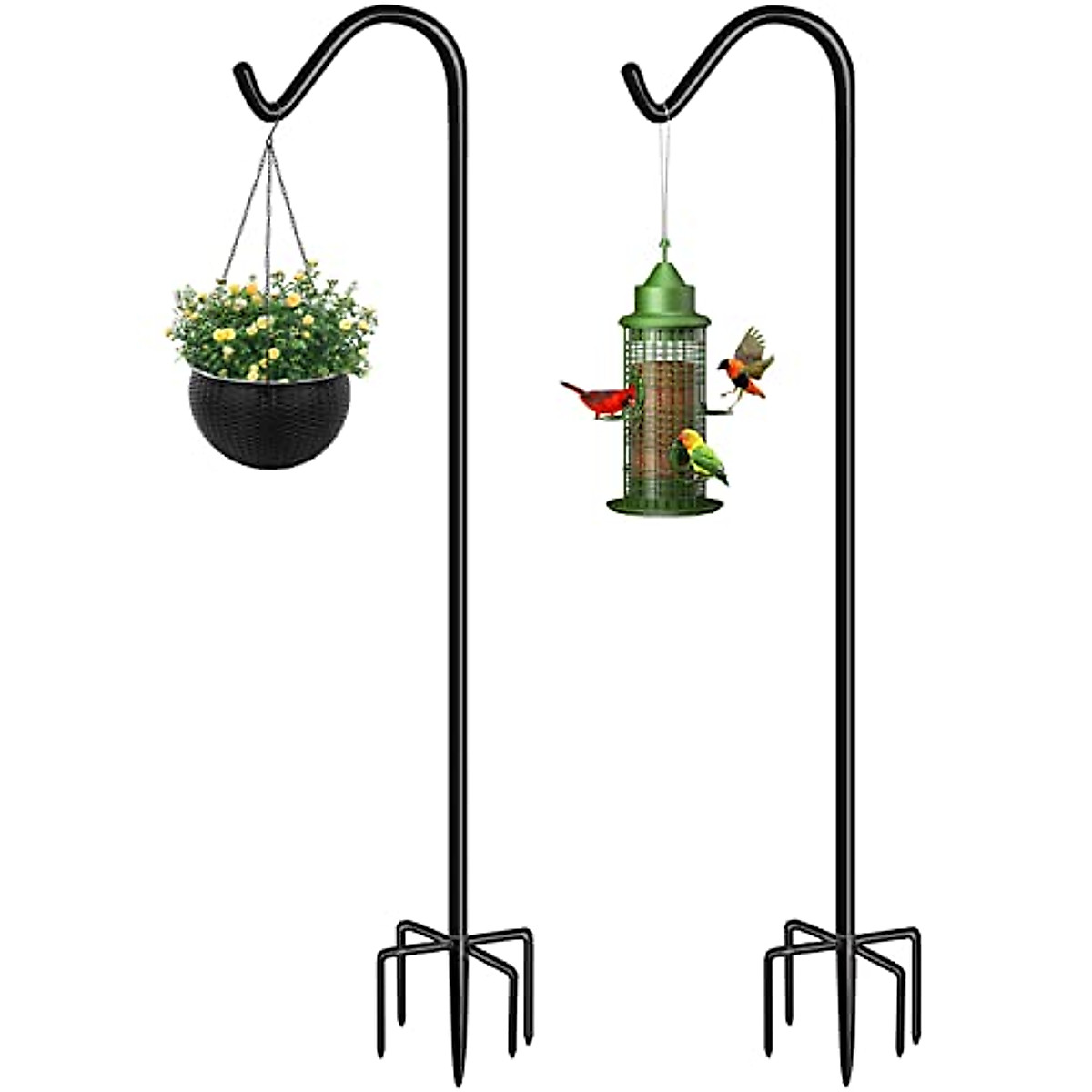 Eazielife Shepherds Hook for Outdoor Bird Feeders Pole 92 Inch Tall, Adjustable Heavy Duty Garden Hanger Stake Pole with 5 Prong Base, Shiny Black (2 Packs)