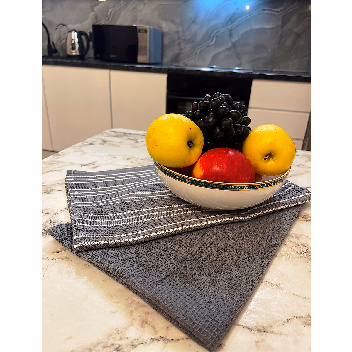Akma's textile 100% Natural Cotton Kitchen Towels (17”x 28”, 3 Pack), Set of 3 Waffle Weave Tea Towels, Highly Absorbent Cloth Dish Napkins, Quick Drying Dish Towels, Classic Cloth Napkins, Dark Gray