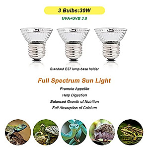 FIVEAGE Reptile Heat Lamp Fixture Turtle Aquarium Lamp Tortoise Light Heating Lamps Holder with 3 UVA UVB Turtle Light Sun Basking Spot Lamps for Reptiles,Amphibian(White)