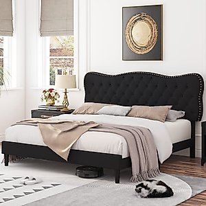 HOSTACK King Upholstered Wood Bed Frame, Black, 43.3-45.3 in