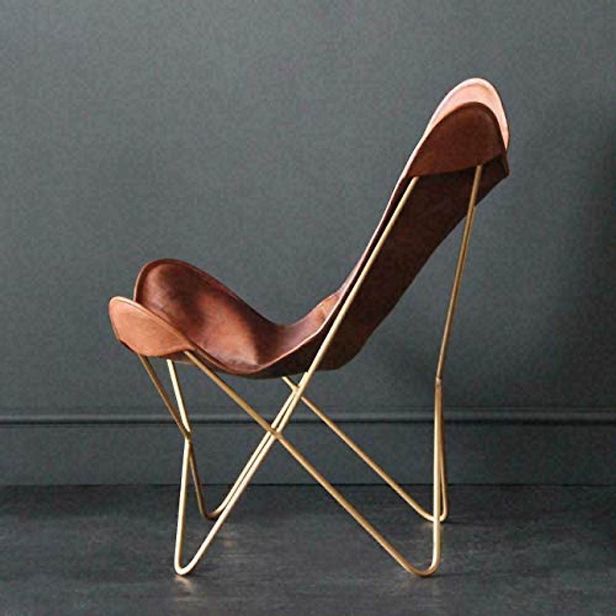 Shy Shy Let’s Touch The Sky Leather Living Room Chairs-Butterfly Chair Brown Leather Butterfly Chair-Handmade with Powder Coated Folding Iron Frame (Cover with Folding Frame) (Golden Frame)