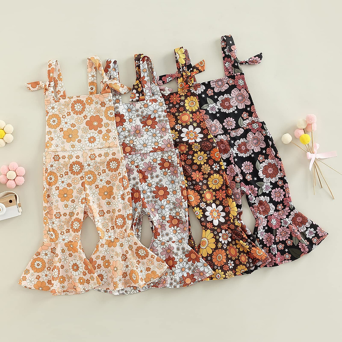 Infant Toddler Baby Girl Romper Jumpsuit Sleeveless Halter Floral One Piece Outfit Bell Bottom Overalls Summer Clothes (White, 12-18 Months)