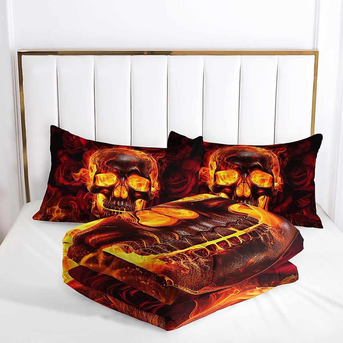 AILONEN Sugar Skull Comforter Set Twin Size,Red and Black Fire Skull Bedding Set,Romantic Red Rose Gothic Skeleton Comforter with 2 Pillowcases,3-Piece