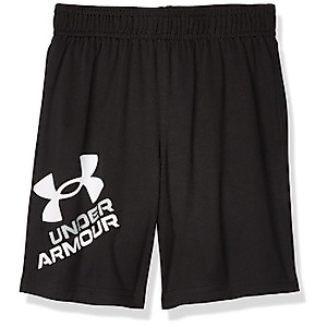 Under Armour Kids Prototype Logo Shorts for Little, and Big Kids - Elasticized Waistband, Graphic Prints, and Pullover Style Black/White 7 Big Kid One Size