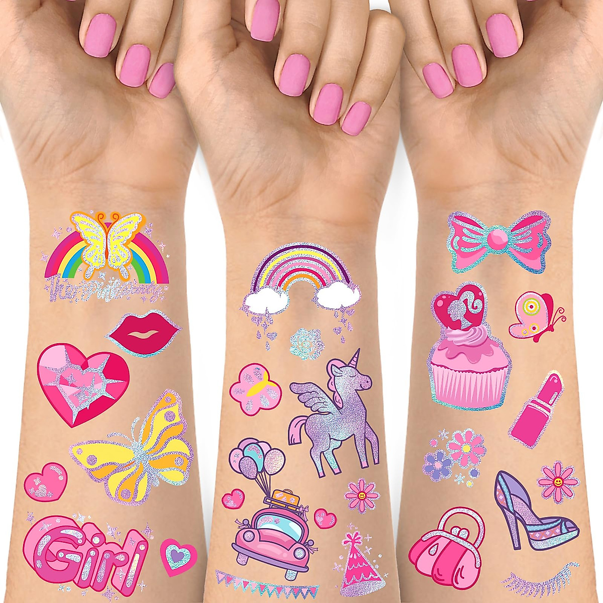 Pink Temporary Tattoos for Kids Girls and Women, Flower Star Handbag Crown Sunglasses Champagne Car Cake Party Fake Tattoos for Decorations, 140+ Styles Temporary Tattoos for Party Supplies & Favors