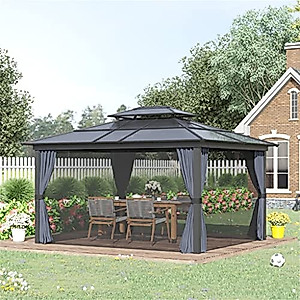 ZHYHSM-111 10x12 Hardtop Gazebo Aluminum Frame Gazebo, Polycarbonates Gazebo Canopy with Curtains for Patio Lawn and Garden