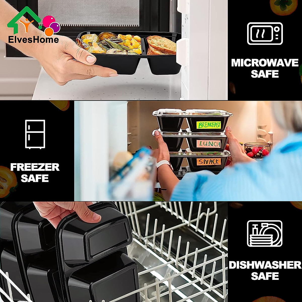 Meal Prep Container 2 Compartments, 50 Pack Meal Prep Container Microwave Safe, Food Storage Container with Lids, 34oz Disposable Bento Box To-Go Boxes Reusable Plastic Bento Lunch Box Dishwasher Safe