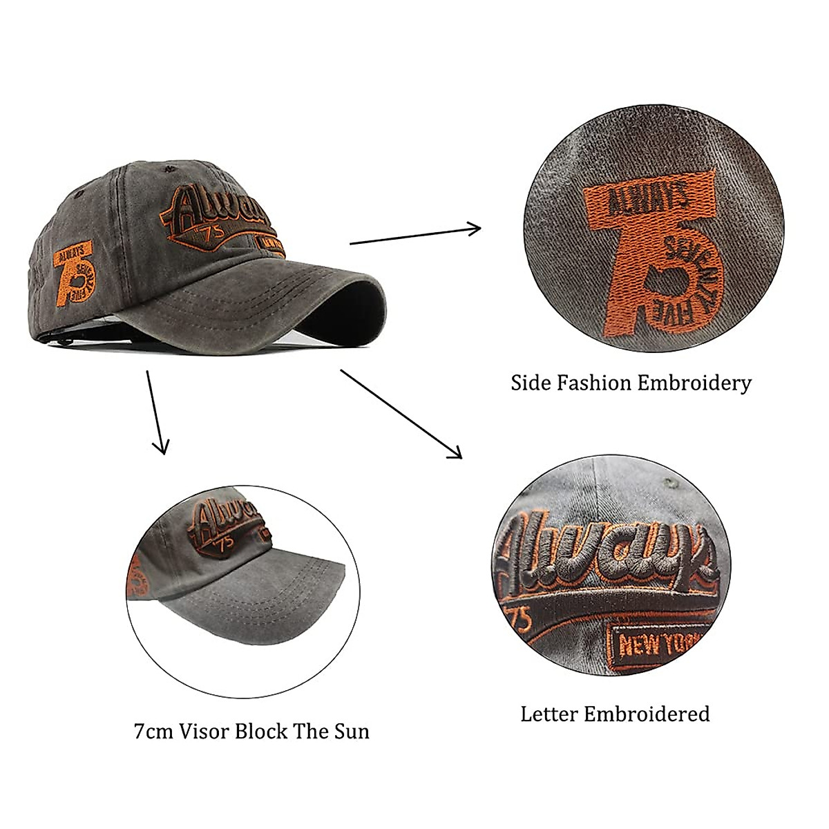 LONGTEN Vintage Baseball Cap New York City Sunhat Fashion Embroidery Always Summer Outdoor Cap Unisex 100% Cotton Brown