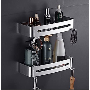 Capricorn Stars Punch-free 2-Pack Shower Rrack Organizer with 4 Hooks Stainless Steel Shampoo Holder Shower Shelf(L12,W4.7,H1.8), Silver