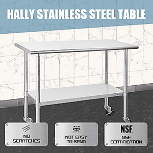 HALLY Stainless Steel Table for Prep & Work 24 x 48 Inches with Caster Wheels, NSF Commercial Heavy Duty Table with Undershelf and Galvanized Legs for Restaurant, Home and Hotel