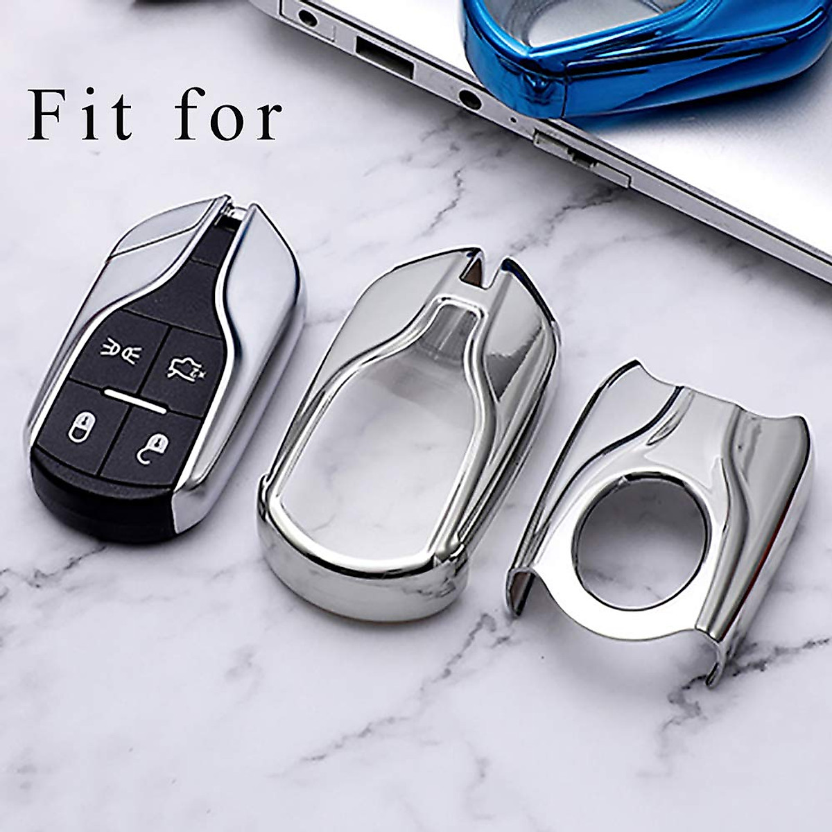 ontto for Maserati Levante GT Quattroporte Ghibli Key Fob Cover Full Protection Soft TPU Keycase Shell Holder with Keychain Keyring Smart Remote Entry Skin Keyless Silver