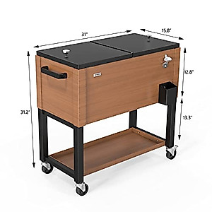 VINGLI 80 Quart Rolling Ice Chest on Wheels, Patio Cooler Cart with Waterproof Cooler Cart Cover, Beverage Rolling Cooler for Outdoor Patio Deck Party (Brown)