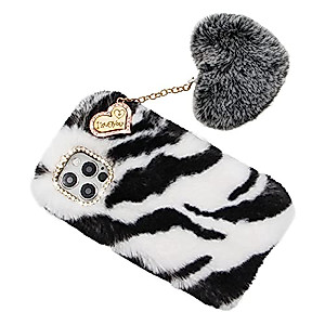 Furry Case for Samsung Galaxy S21 FE 5G, Girlyard Soft Fluffy Plush Faux Rabbit Fur Warm Hairy Shockproof Silicone Bumper Protective Cover with Cute Love Heart Hair Ball Pendant - Zebra White