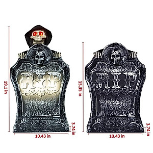 19" Halloween Decorations Resin RIP Graveyard Tombstone with LED Lights, Animated Movable Skeleton Skull with Glowing Eyes and Voice Activation for Yard Lawn Haunted House Outdoor Decor Party Props