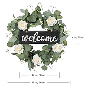 Dremisland Welcome Wreath for Front Door,18 Inch Artificial Rose Eucalyptus Leaves Wreath,Floral Garland Wreath for Window Garden Festival Celebration Wedding Home Decor (Black)