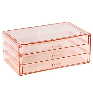 Cq acrylic Hair Accessory Organizer with 3 Long Drawers,Stacking Makeup Organizer and Desk Pink Drawer Containers,Stackable Cabinet Storage Bins For Palettes,Cosmetic,And Beauty For Vanity,Pack Of 1