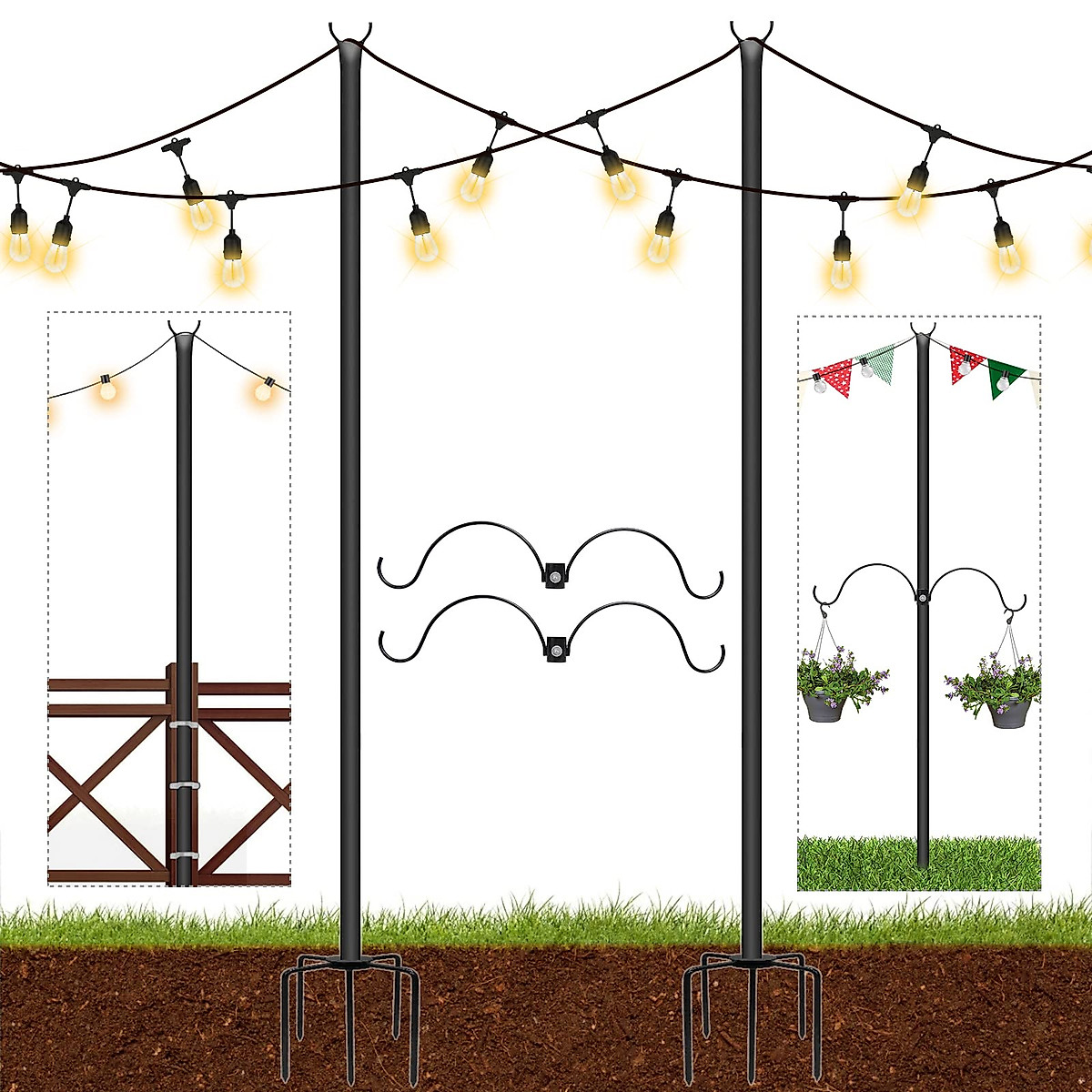 Slsy String Light Poles Stand for Outside, 5 Prong Fork Backyard Outdoor Lights Pole, Poles Stand for Patio, Garden, Christmas, Yard. (9 FT x 30 mm)