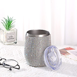 Bling Water Bottle Bling Wine Tumbler Diamond Tumbler Rhinestone for Glitter Wine Glass Tumbler Girls Trip Cups, Straw, Straw Brush and Cup Brush for Wine Coffee Cocktails Champaign (AB Color, 1 Set)