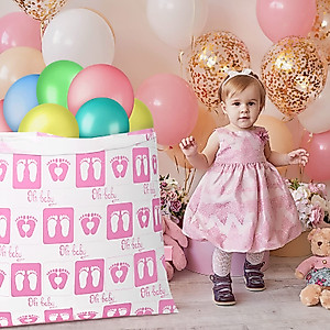 Leinuosen 2 Pcs Extra Large Gift Bags for Baby Shower Oversized Plastic Gaint Gift Bag with Ropes for Birthday Party Favors(Pink Feet)