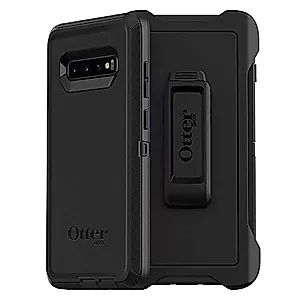 OtterBox Galaxy S10+ Defender Series Case - BLACK, rugged & durable, with port protection, includes holster clip kickstand