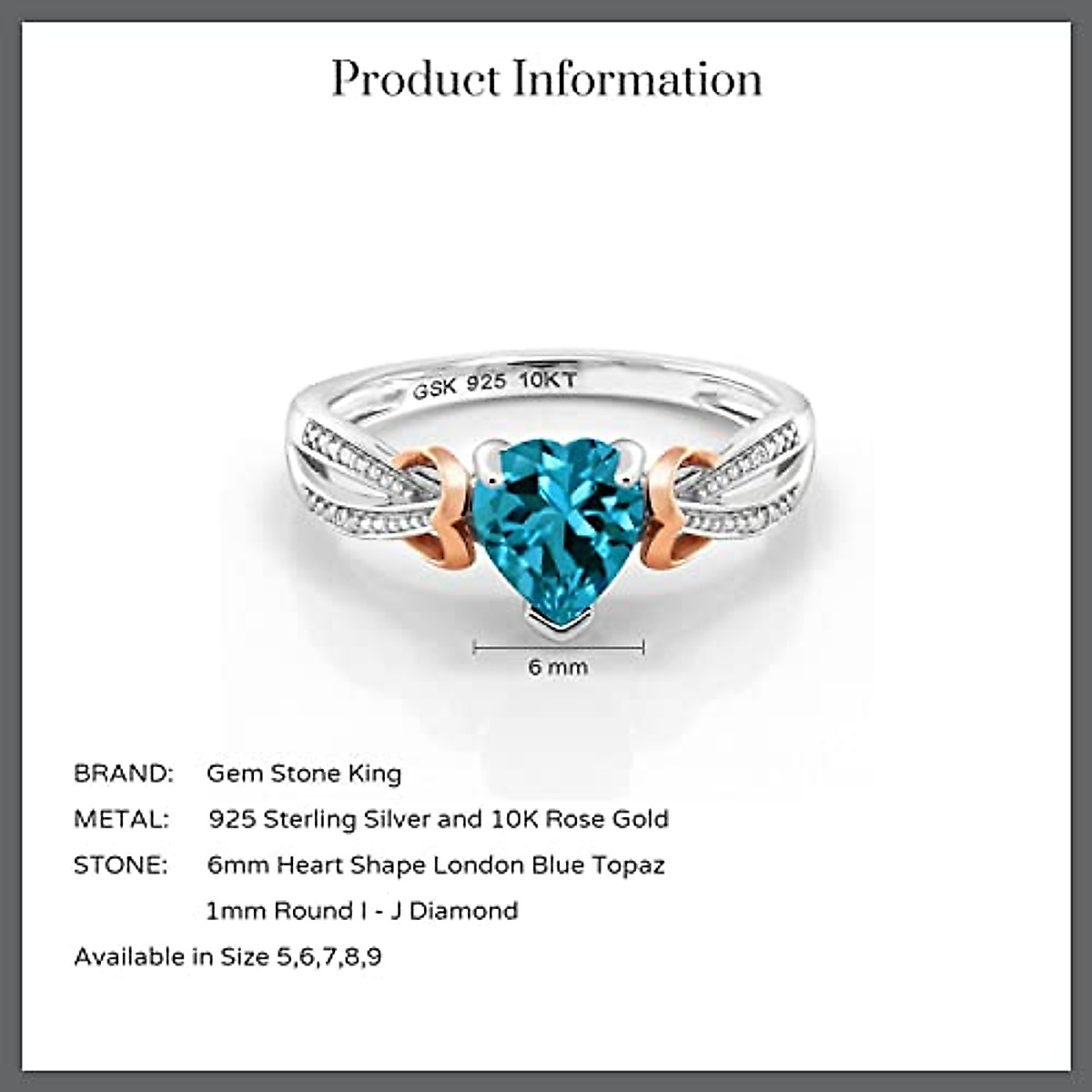Gem Stone King 925 Silver and 10K Rose Gold 6MM Heart Shape Gemstone Birthstone and Diamond Engagement Ring | Wedding Anniversary Promise Ring For Women | Available In Size 5, 6, 7, 8, 9