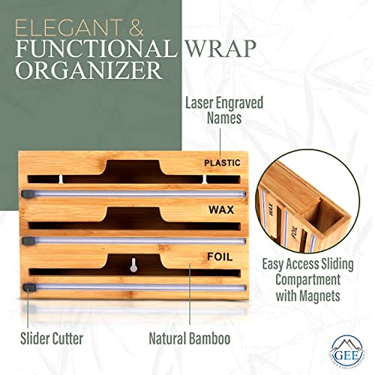 Golden Ears Essentials Foil and Plastic Wrap Organizer 3 in 1 Bamboo Wrap and Aluminum Foil Dispenser for Wraps and Aluminum Foil Organization and Storage, Magnetic Sliding Doors, Engraved Labels
