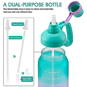 podocarpus 1+1 Large Half Gallon/64oz Water Bottle with Motivatioanl Time Marker and Straw, Leakproof Water Jug Ensure You Drink Daily Water Throughout The Fitness Day(Green/Purple & purple)