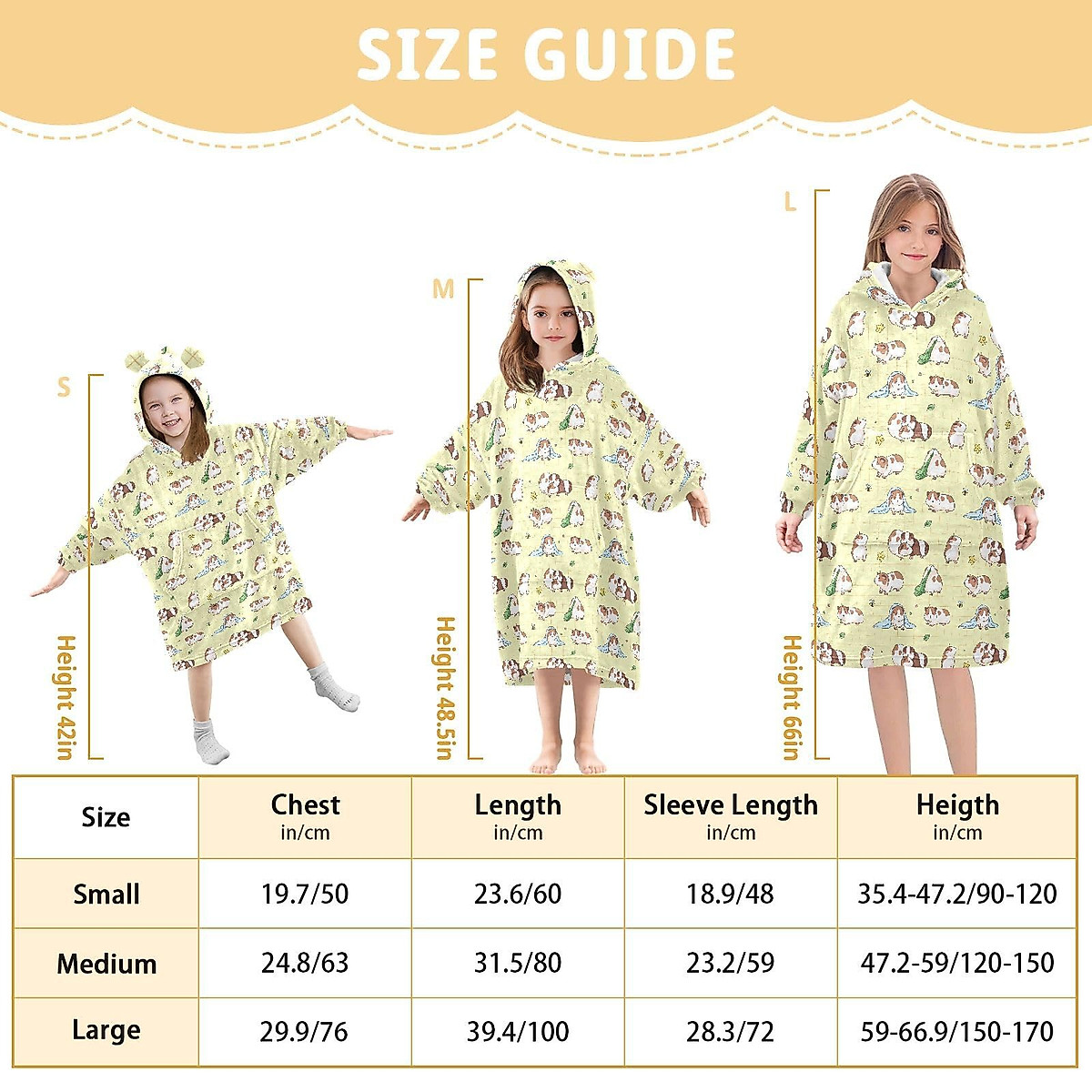 CEBUGI Cute Guinea Pig Wearable Blanket for Kids Blanket Hoodie with Kangaroo Pocket for Boys Girls age 3-14,M