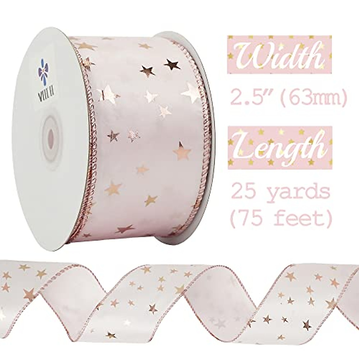MEEDEE Valentine Ribbon Wired Rose Gold Ribbon Star Wired Ribbon 2.5 Inch Rose Gold Satin Ribbon Valentines Ribbon for Gift Wrapping Valentine Wired Ribbon for Wreaths Bow Garland Decorate (25 Yards)
