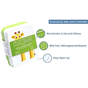 3-PACK TotBox Kids Lunch Box, Bento Snack Box for Daycare, Preschool, Kindergarten, Toddlers, Baby, Boys, Girls, Small Cute Stackable Dishwasher-safe Food Storage Containers, Fits Sandwich