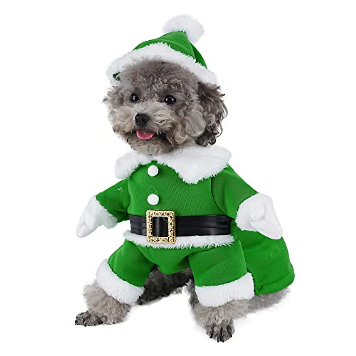 Mogoko Dog Cat Christmas Santa Claus Costume, Funny Pet Cosplay Costumes Suit with Cap, Puppy Fleece Outfits Warm Coat Animal Festival Apparel Clothes Green Size M for Small Breeds Dog