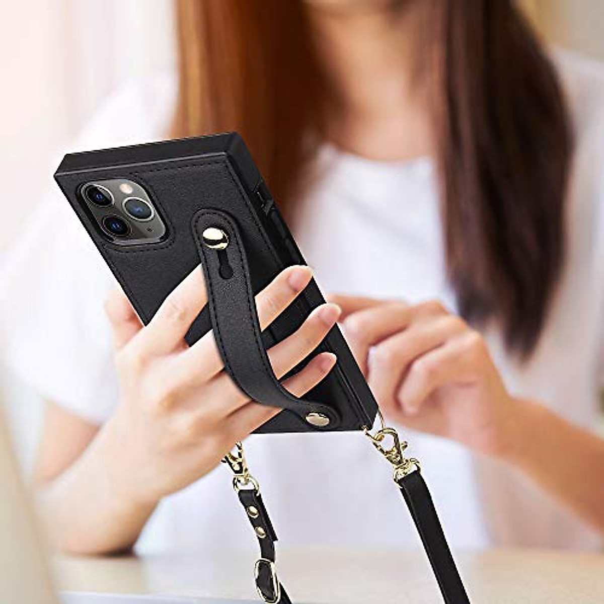 DEFBSC Crossbody Case for iPhone 12, iPhone 12 Pro Case 5G, Finger Strap Wallet Case with PU Kickstand and Adjustable Detachable Crossbody Strap Card Slot Heavy Duty Protective Square Cover-Black