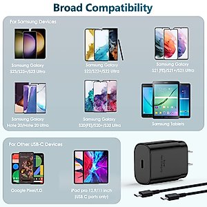 Fast Charger Type C 25W Android Phone Charger USB C Block with 10 FT C to C Type Fast Charging Cable for Samsung Galaxy S23 Ultra/S23/S23+/S22/S22 Ultra/S22+/S21/S20/Note 10/20, Z Fold/Flip, 3Pack