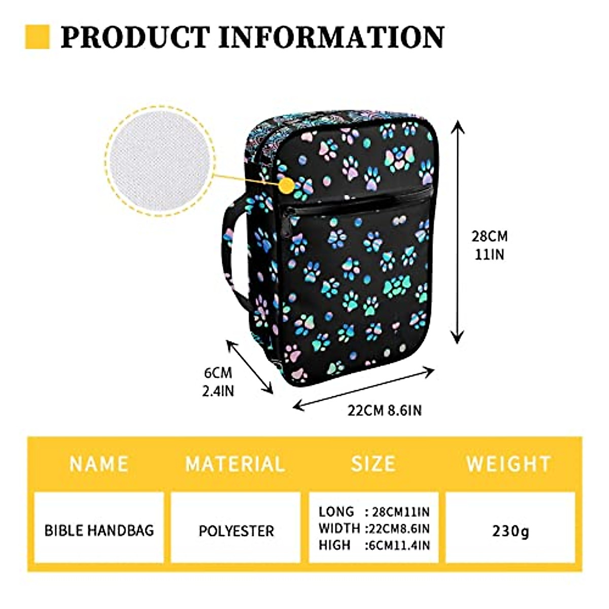 Salabomia Bible Book Cover, Dog Paw Print Zippered Bible Carrying Case for Women Girls, Bible Book Carrying Bags with Handle Pocket, Sturdy Bible Bags for Kids, Green and Black