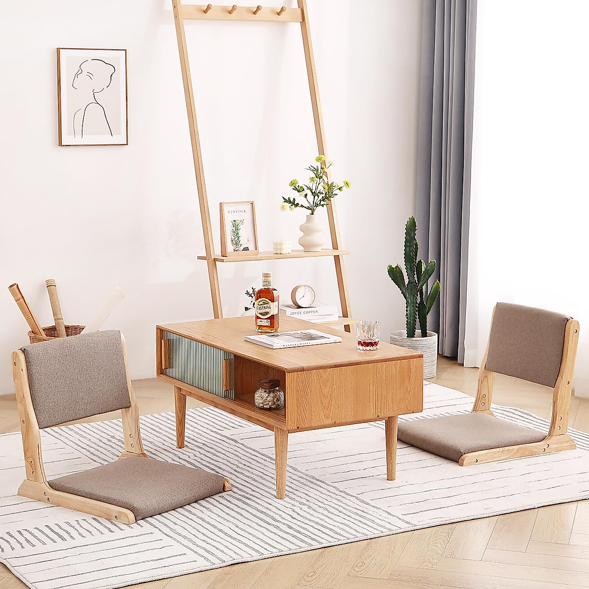 Tatami Chair Accent Furniture, Foldable Meditation Floor Chair, Folding Floor Chairs Seat, Portable Japanese Legless Chair, Back Rest Chair with Cushion, Wood Grey