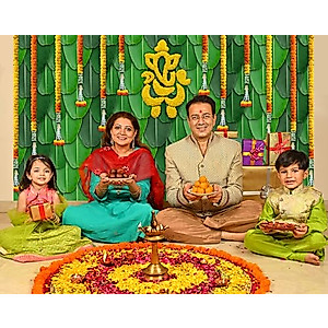 Ticuenicoa 7×5ft India Pooja Traditional Photography Backdrop Diwali Backdrops Banana Leaf Green Chatiya Ganesh Background Marigold Puja Ganpati Wedding Photo Tapestry Booth Props