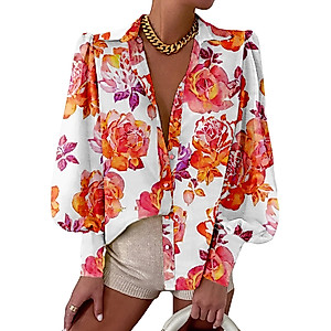EVALESS Womens Tops Long Sleeve Shirt Cute Print Blouses for Women Fashion 2025 Red Button Down Shirt for Women Dressy Casual Boho Clothes Outfits for Holiday Sexy V Neck Tops for Spring Fall,Small
