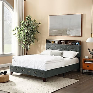 CuisinSmart Queen Size Bed Frame with Headboard,Storage & USB Ports & Outlets,No Box Spring Needed,78.5" x 57",Grey Bed Frame Furniture for Bedroom,Farmhouse,Hotel
