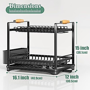 Dish Drying Rack for Kitchen Counter - 2 Tier Dish Rack with Drainboard, Stainless Steel Large Dish Drainers, Black
